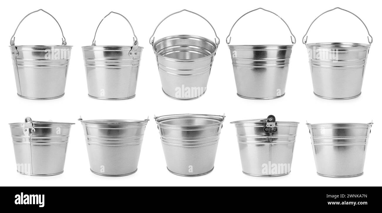 Shiny metal buckets isolated on white, set Stock Photo - Alamy