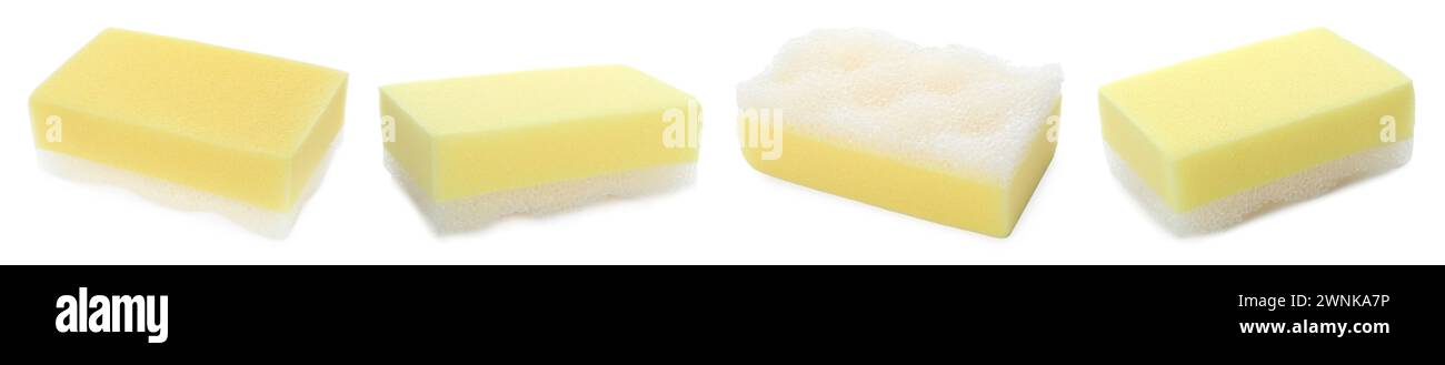 Different yellow sponges isolated on white, set Stock Photo - Alamy