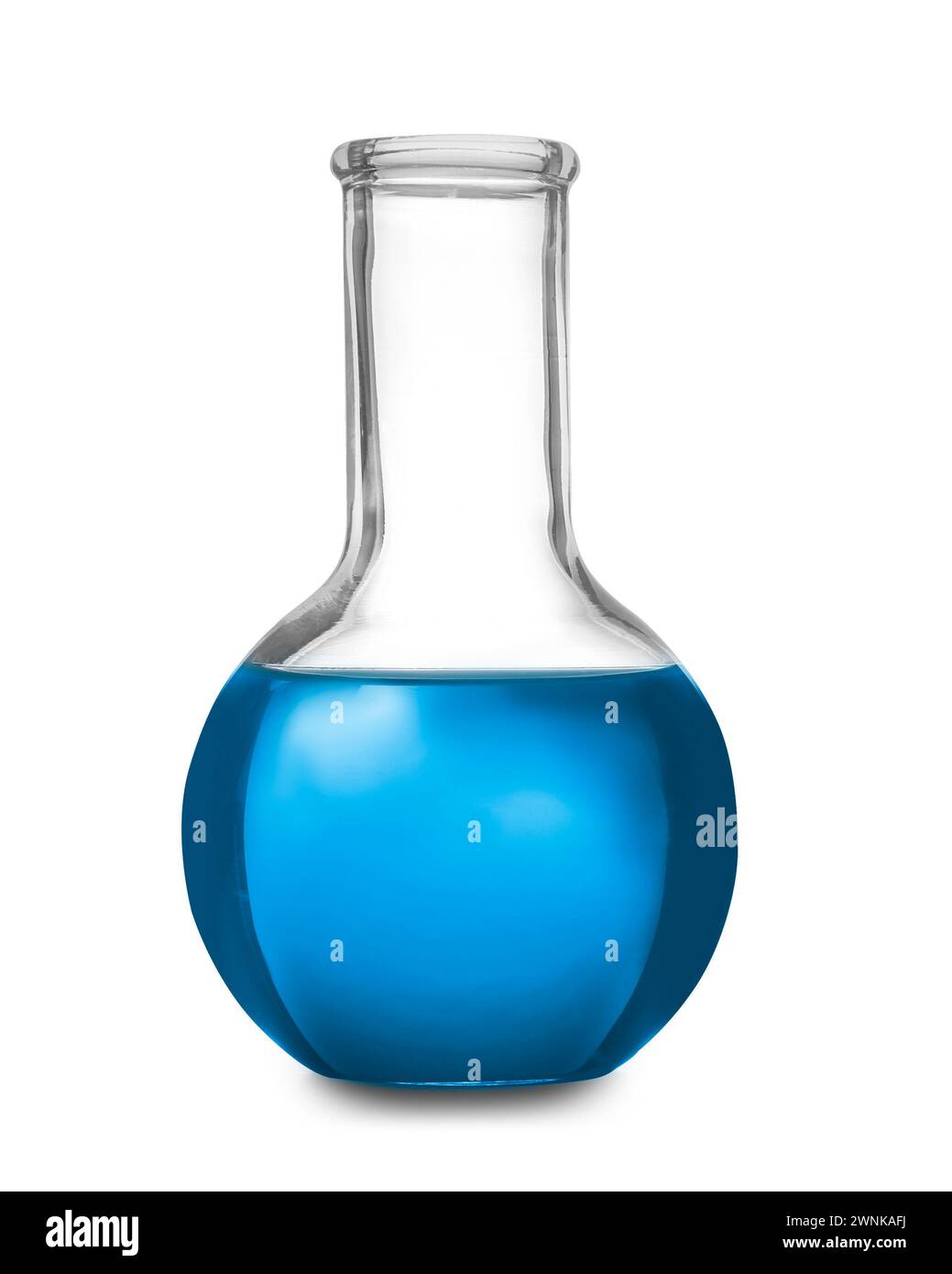 Boiling flask with blue liquid isolated on white. Laboratory glassware ...