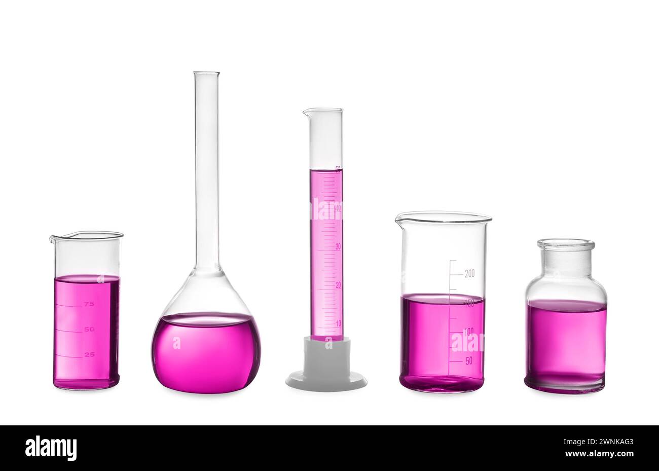 Laboratory glassware with pink liquid isolated on white Stock Photo - Alamy