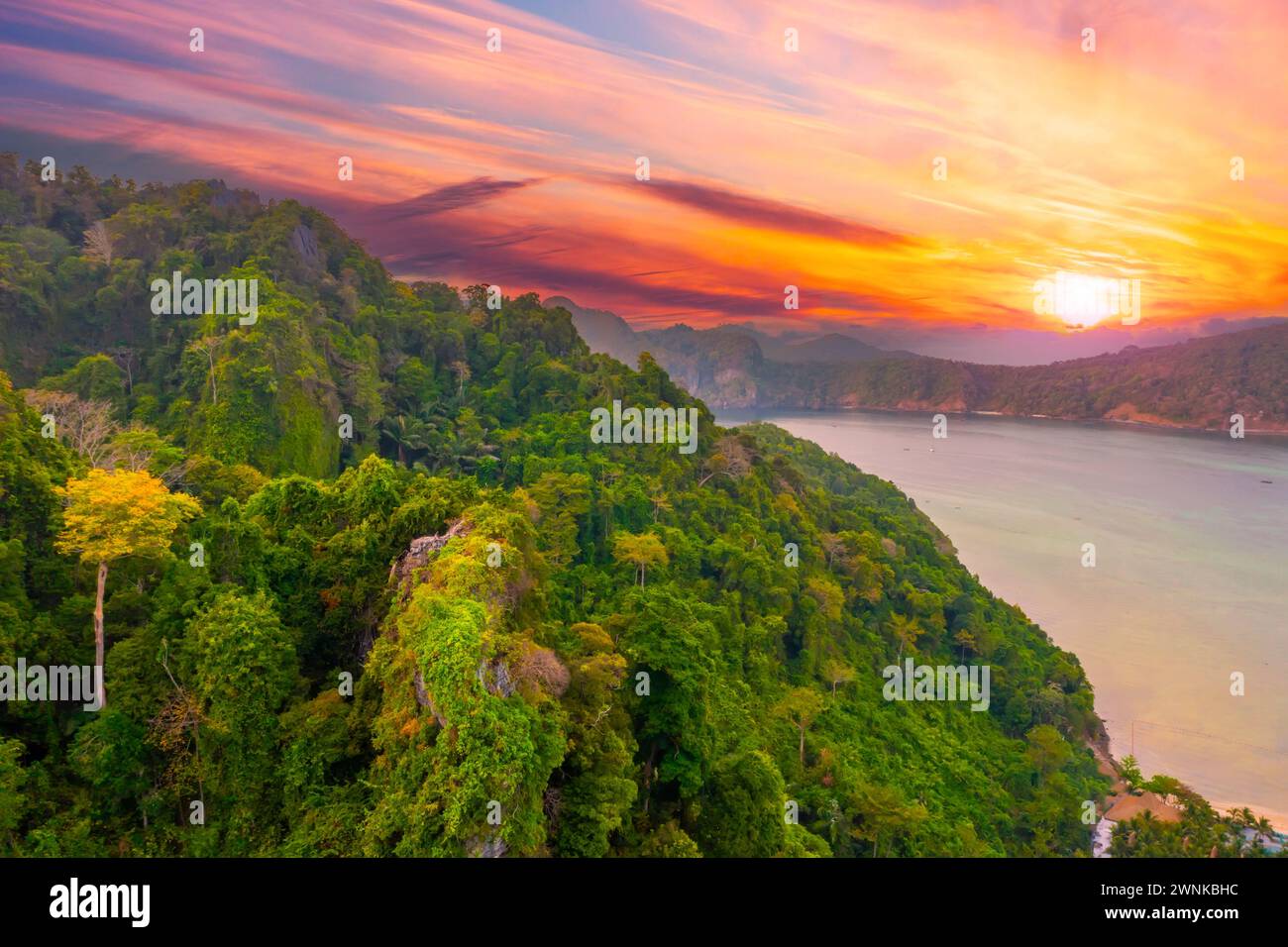 Aerial view mountains cliff rain forest jungle Phi phi island lagoon ...