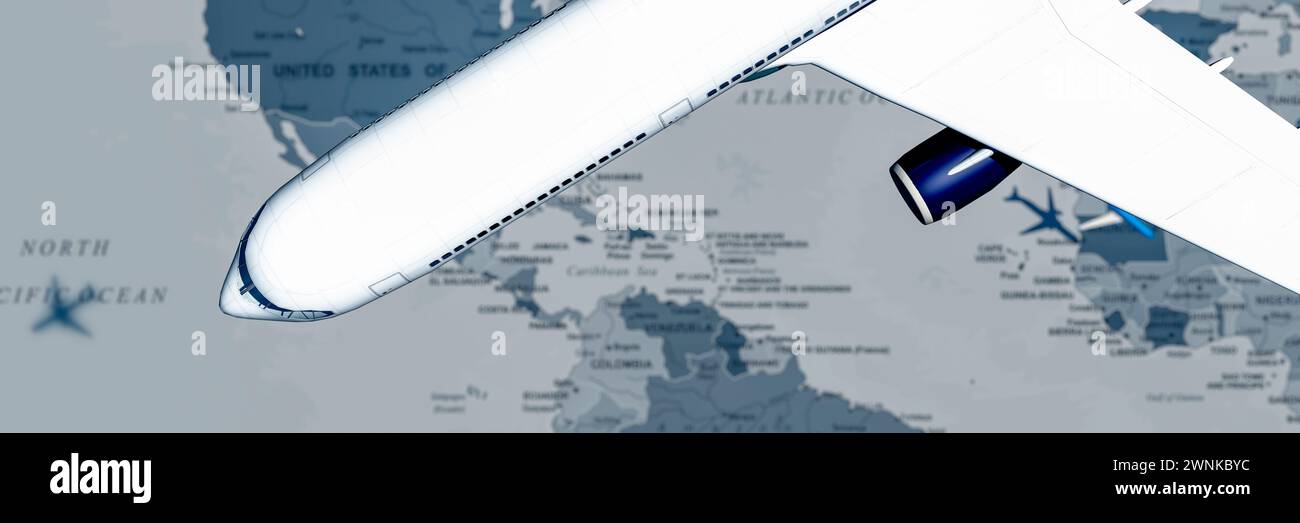 A close-up view of an airplane wing in flight, set against a monochrome ...