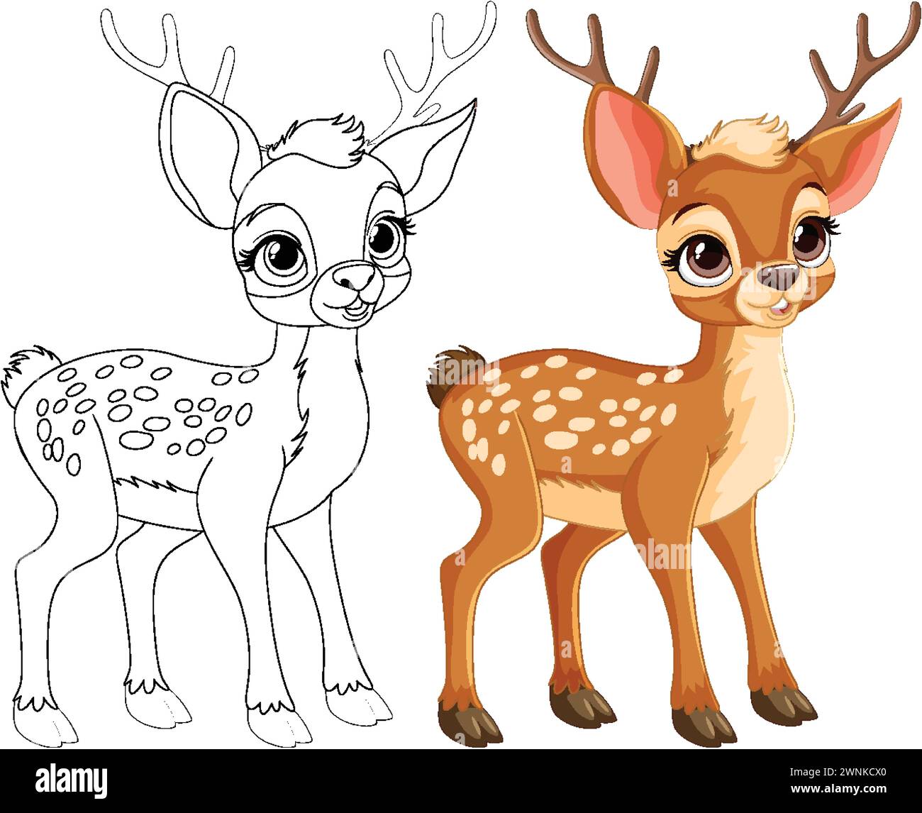 Two cartoon fawns, one colored and one line art Stock Vector Image ...