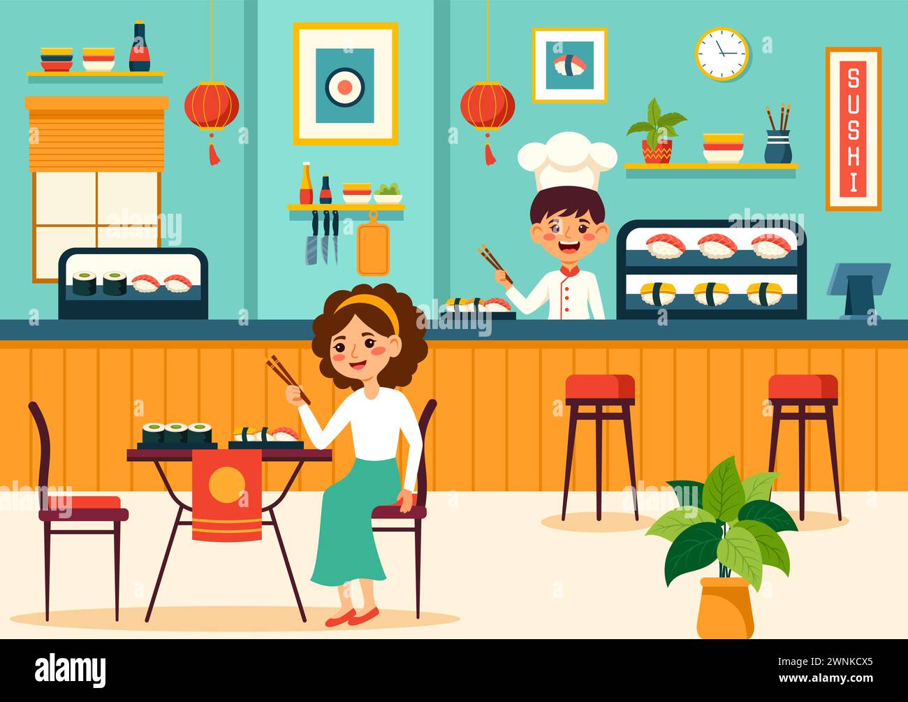 Sushi Bar Vector Illustration of Japan Asian Food or Restaurant of ...