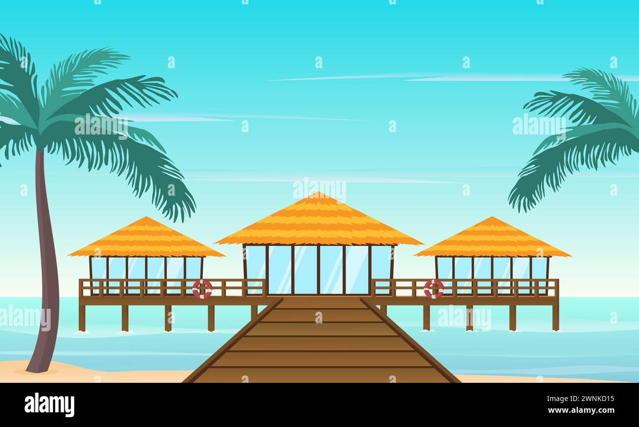 Beach Hut Or Bungalow On Tropical Island Resort With Wooden Deck