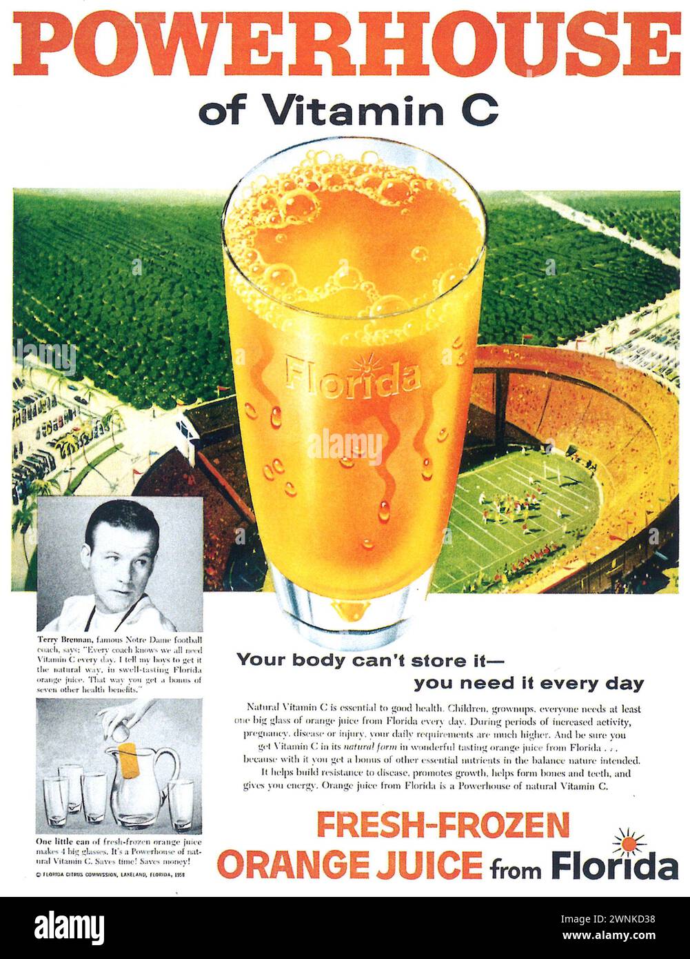 1958 Florida orange juice print ad - Powerhouse of Vitamin C Stock ...