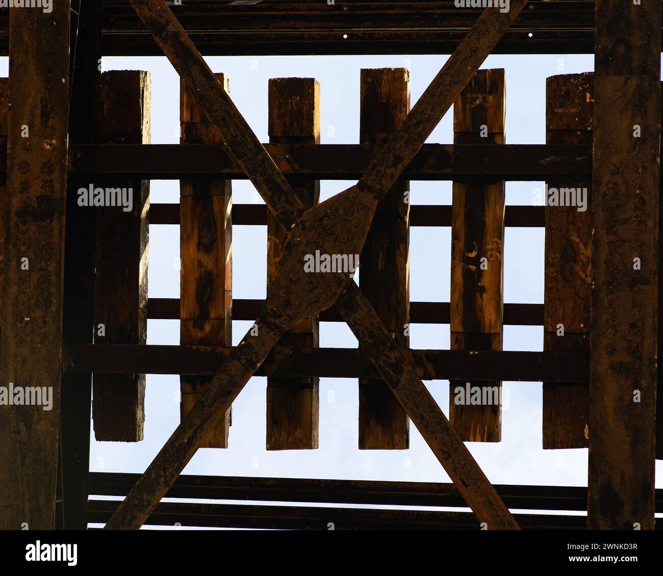 Low angle shot of Old wooden railway bridge texture in Kuala Kangsar ...