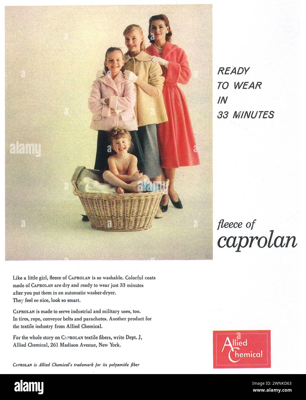 1957 Allied Chemical fleece of caprolan print ad Stock Photo - Alamy