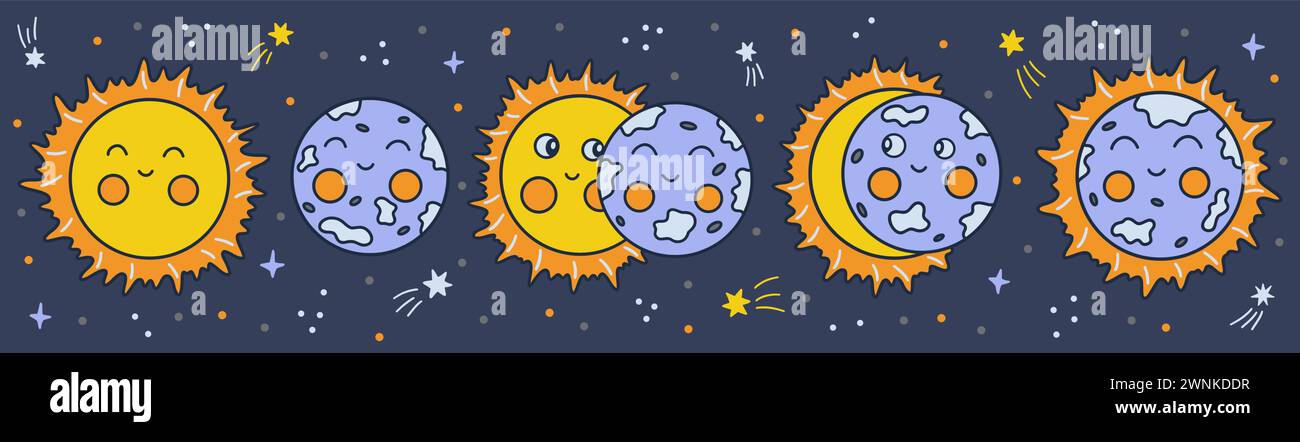 Solar eclipse. Phases of onset of solar eclipse. Starry sky. Colorful ...
