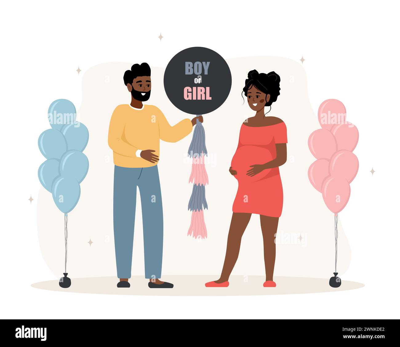 Gender reveal party. Couple holding balloon with inscription Boy or ...