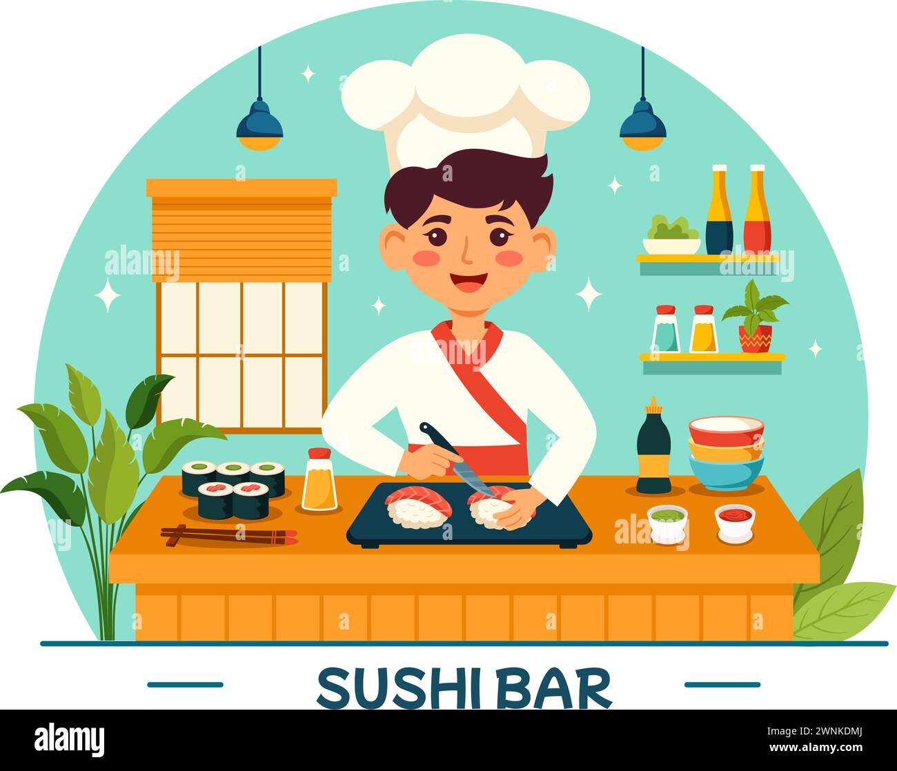 Sushi Bar Vector Illustration of Japan Asian Food or Restaurant of ...
