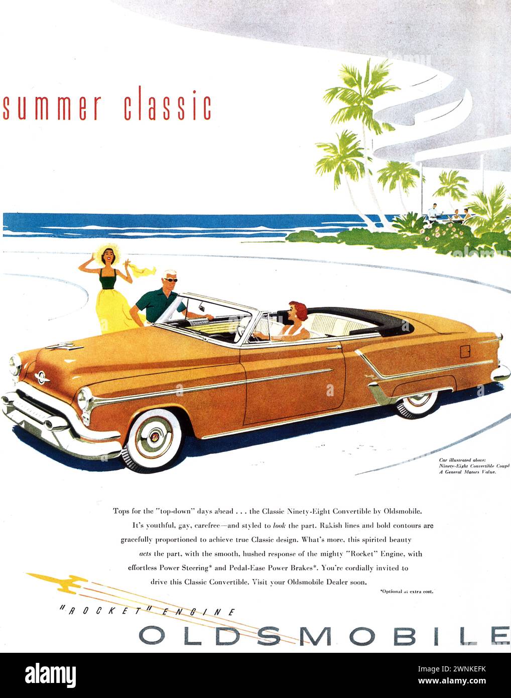 1950s Oldsmobile 98 Convertible Rocket Engine print ad. "Summer classic ...