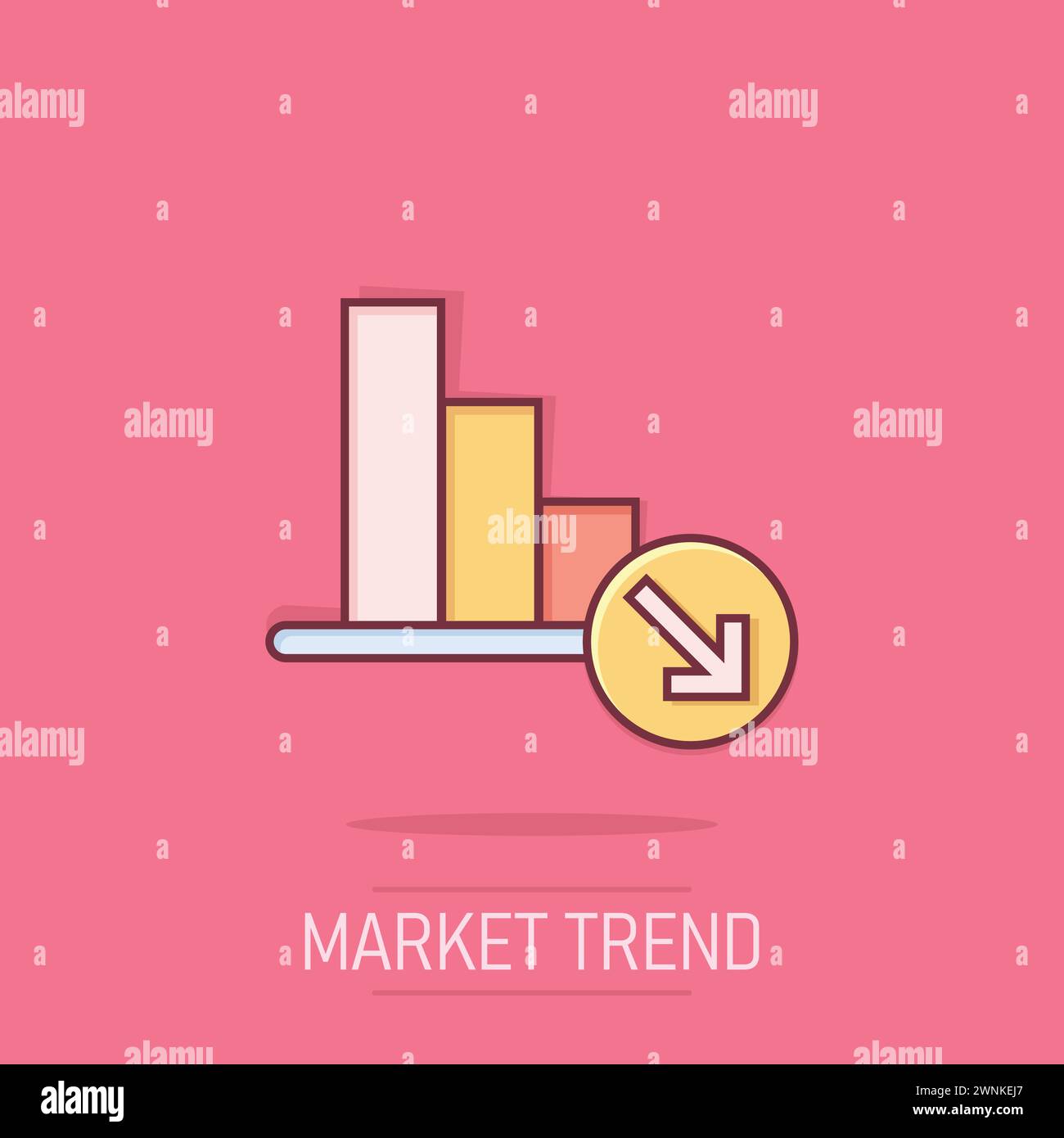 Market trend icon in comic style. Decline arrow with magnifier cartoon ...