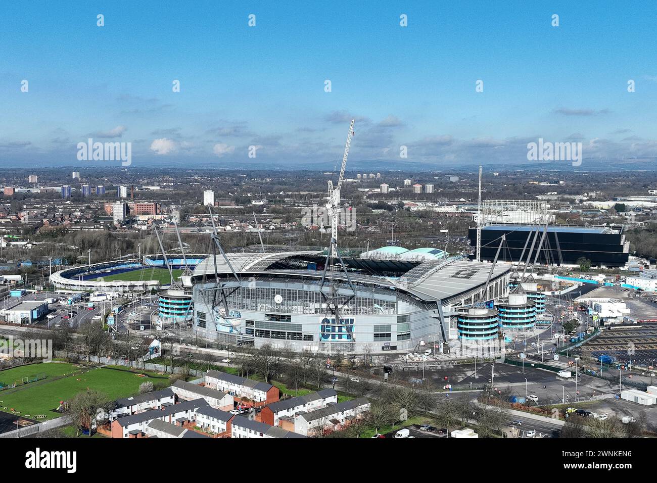 Manchester, UK. 03rd Mar, 2024. An aerial view of the Etihad Stadium ...