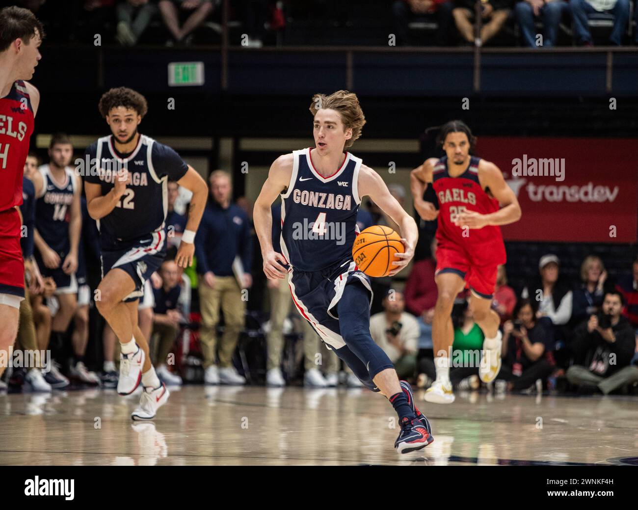 March 02 2024 Moraga, CA U.S.A. Gonzaga guard Dusty Stromer (4)brings ...
