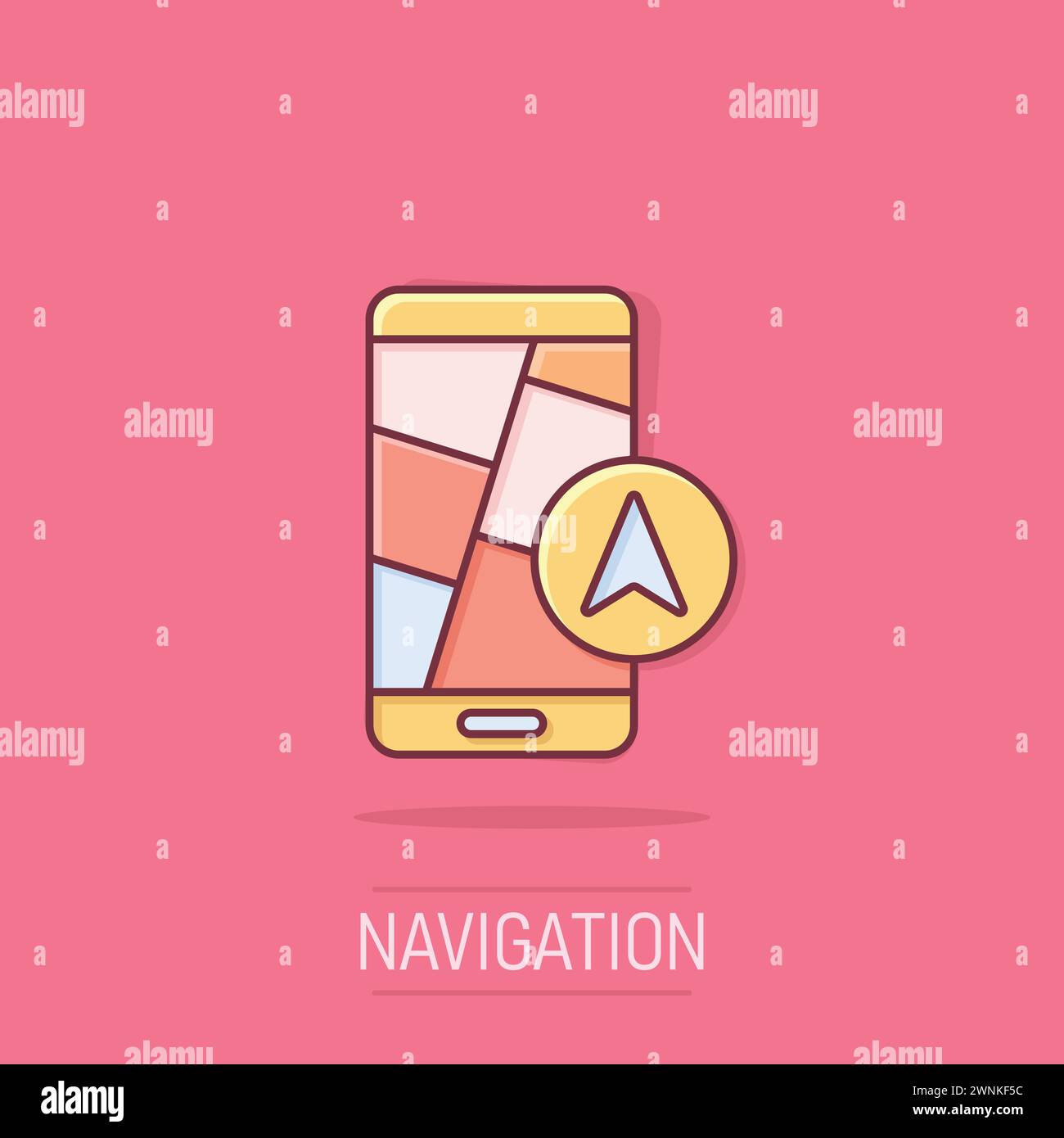 Smartphone map icon in comic style. Mobile phone gps navigation cartoon ...