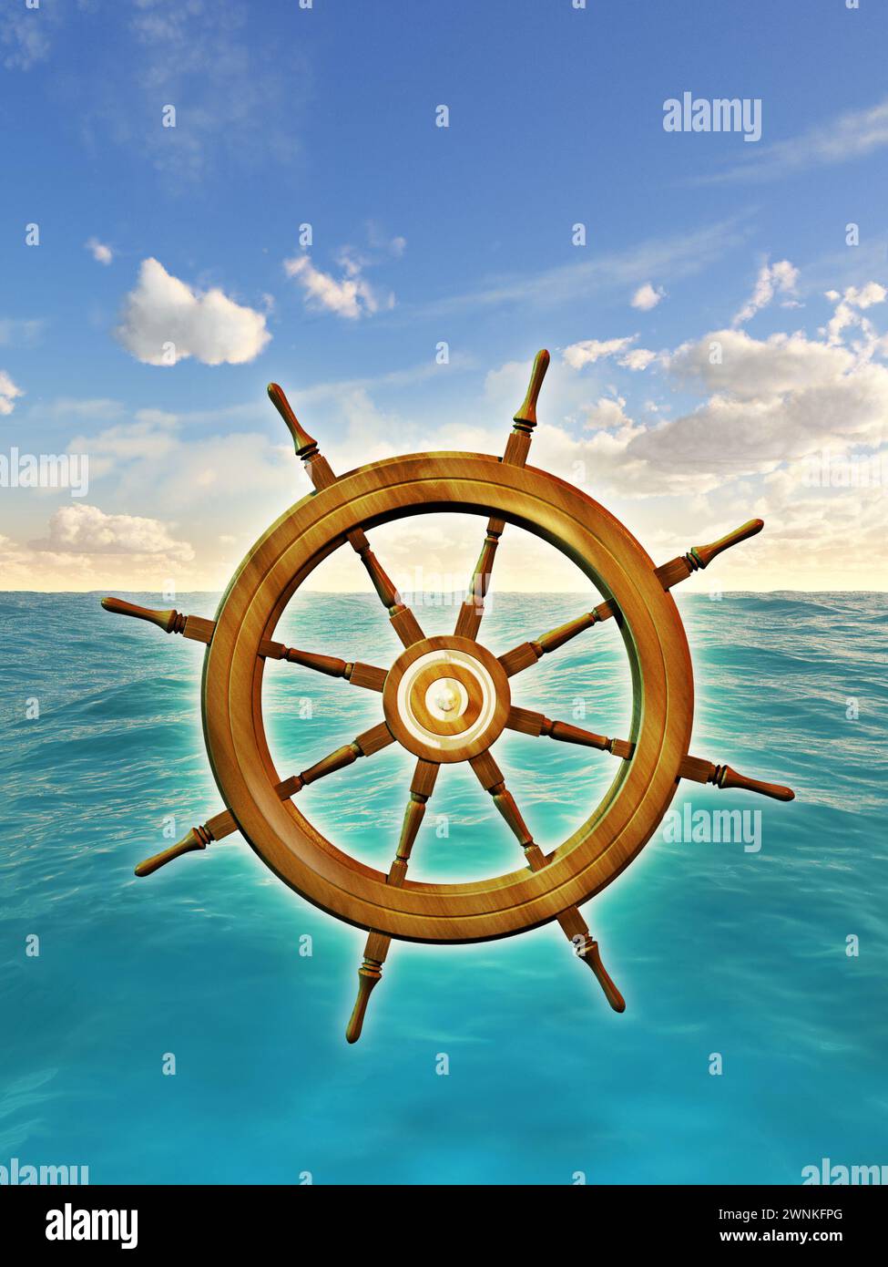 Rudder wheel over a sky and ocean background. Digital illustration ...