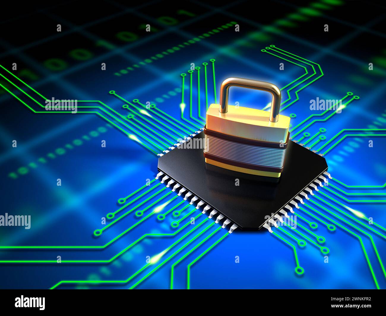 Safety lock standing on top of a microchip connected to a printed ...
