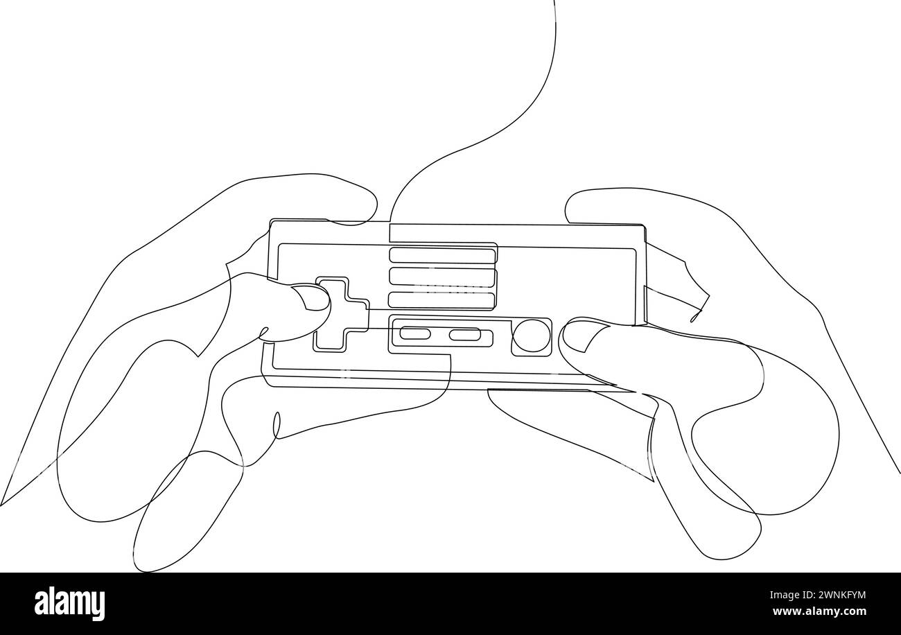 Continuous line drawing of human hands holding vintage game console ...