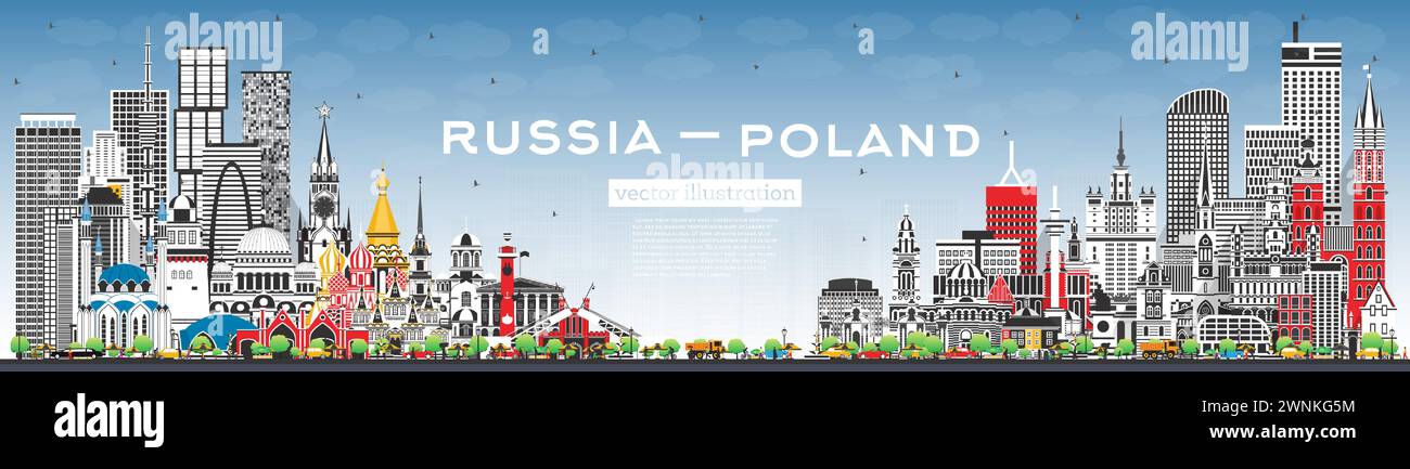 Russia and Poland skyline with gray buildings and blue sky. Famous ...
