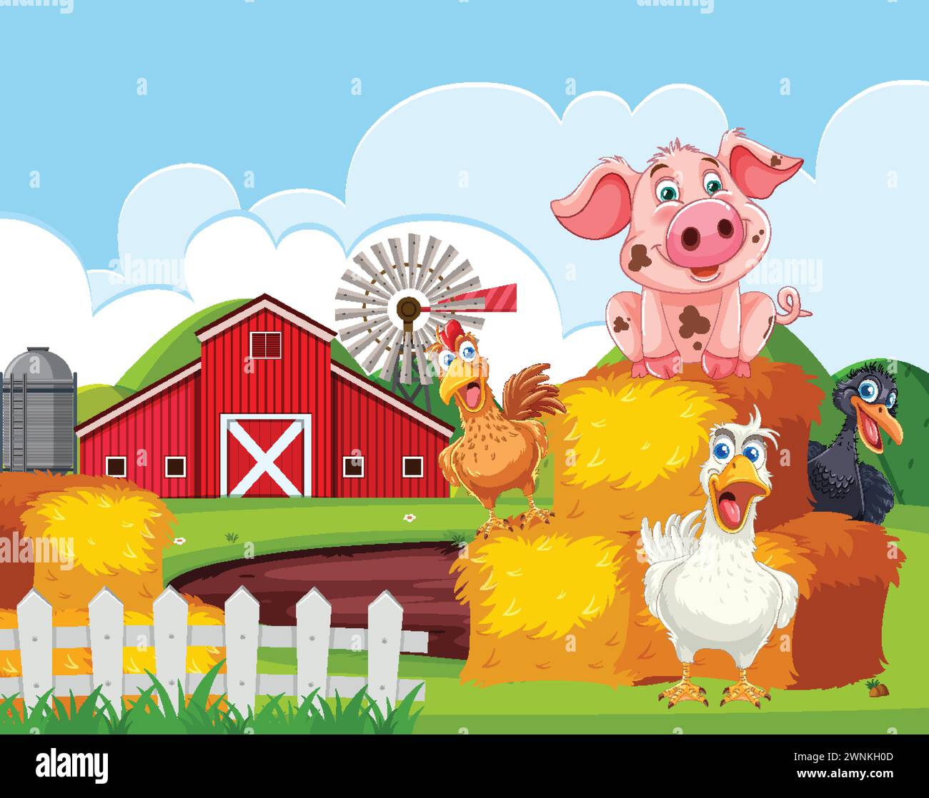 Cartoon farm animals in front of a red barn Stock Vector Image & Art ...
