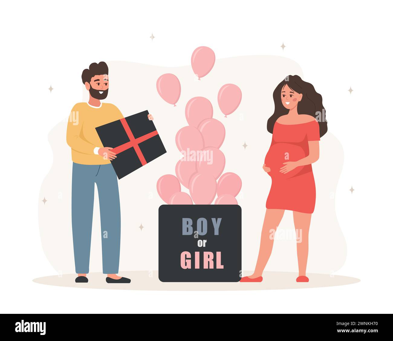 Gender reveal party. Its a girl. Couple opening surprise gift box with ...