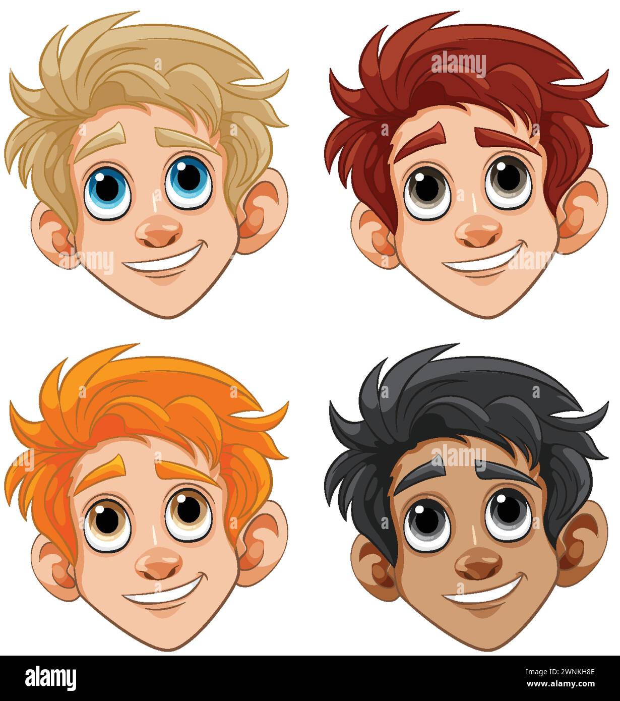 Four cartoon boys with different hairstyles and skin tones Stock Vector ...
