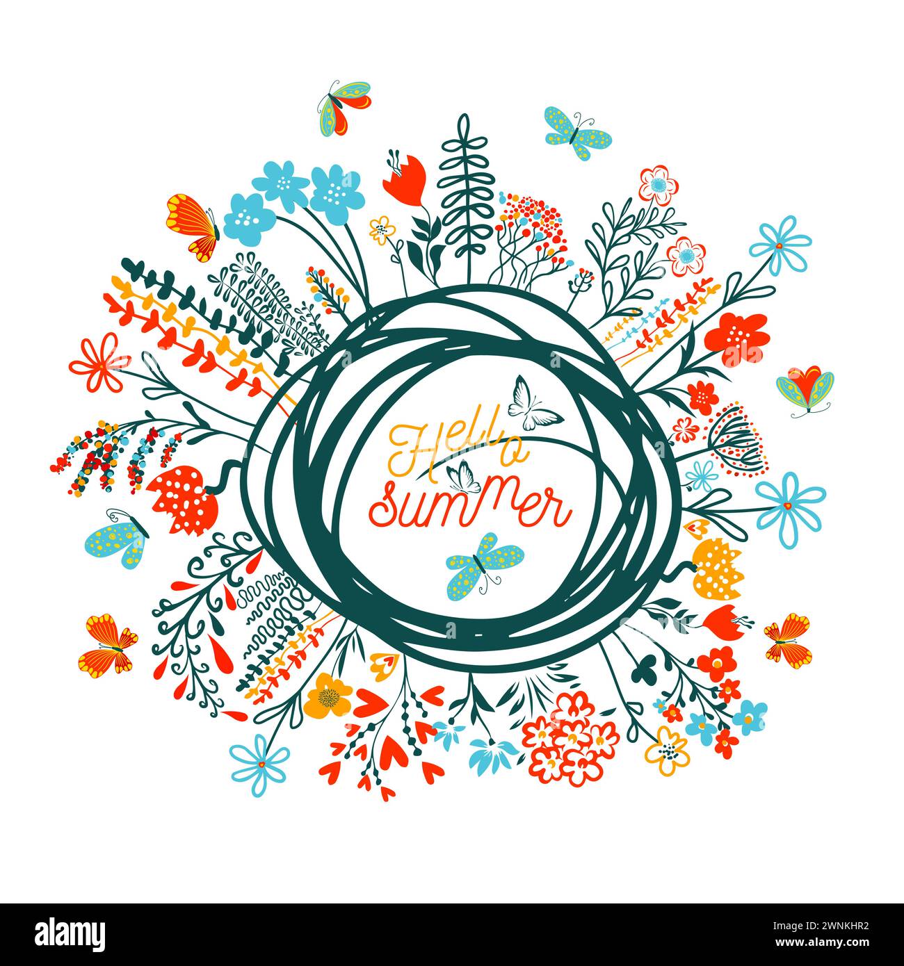 Hand drawn vector frame. Hello summer. Round flower frame. Not AI ...