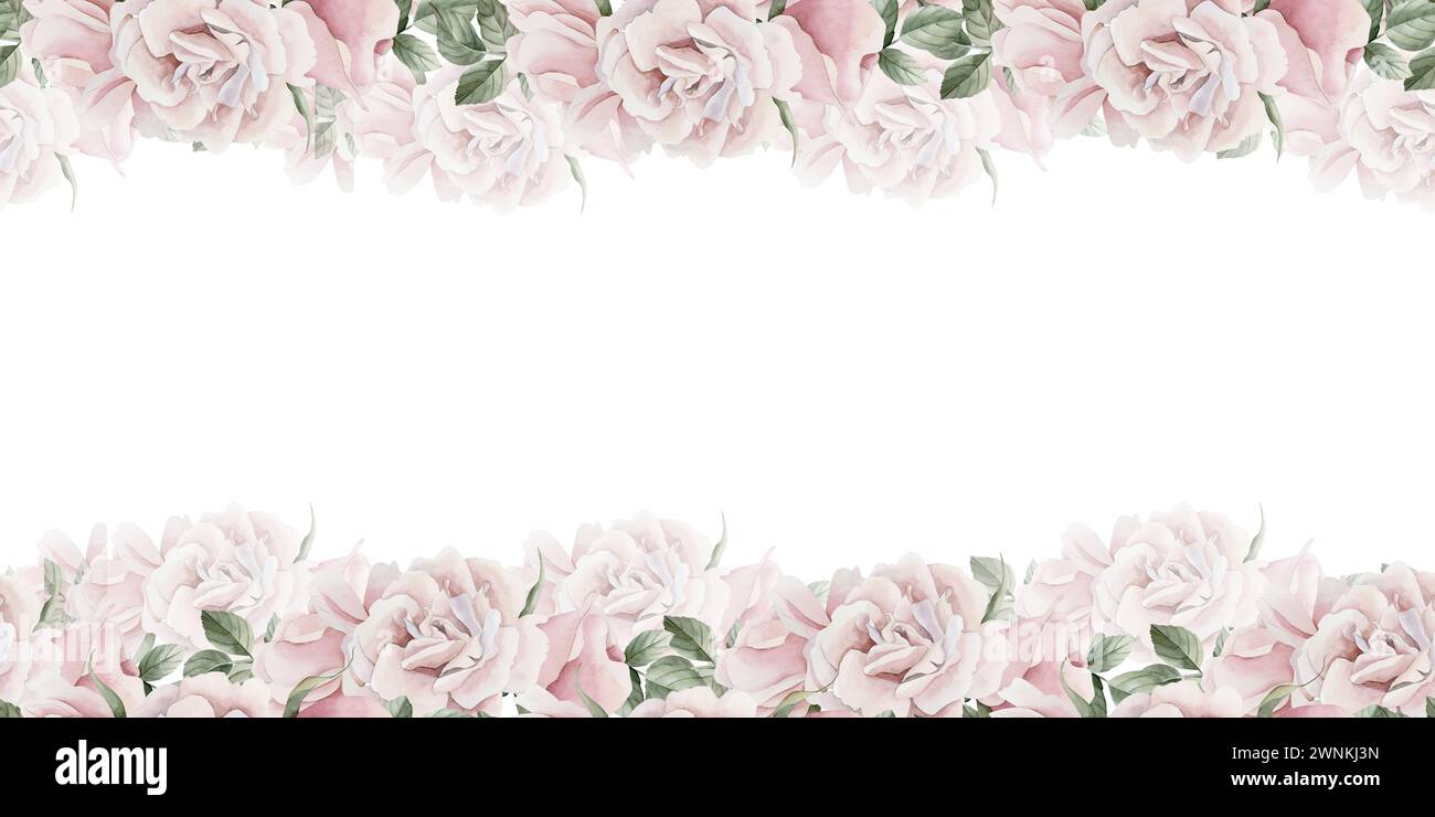 Horizontal seamless border of pink rose hip flowers with leaves ...