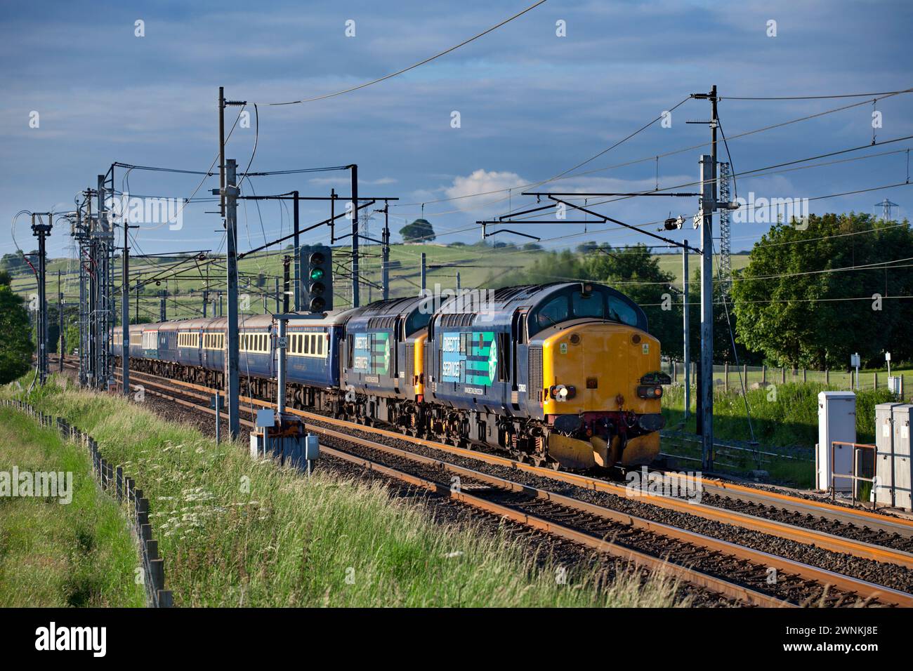 2 Direct Rail Services class 37 locomotives 37602 + 37605 hauling the 3 ...