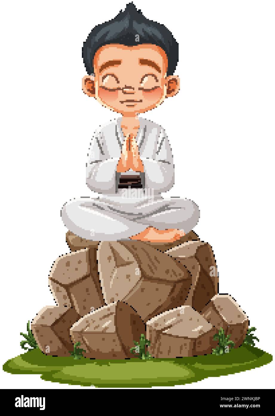 Cartoon boy meditating peacefully atop stone pile Stock Vector Image ...