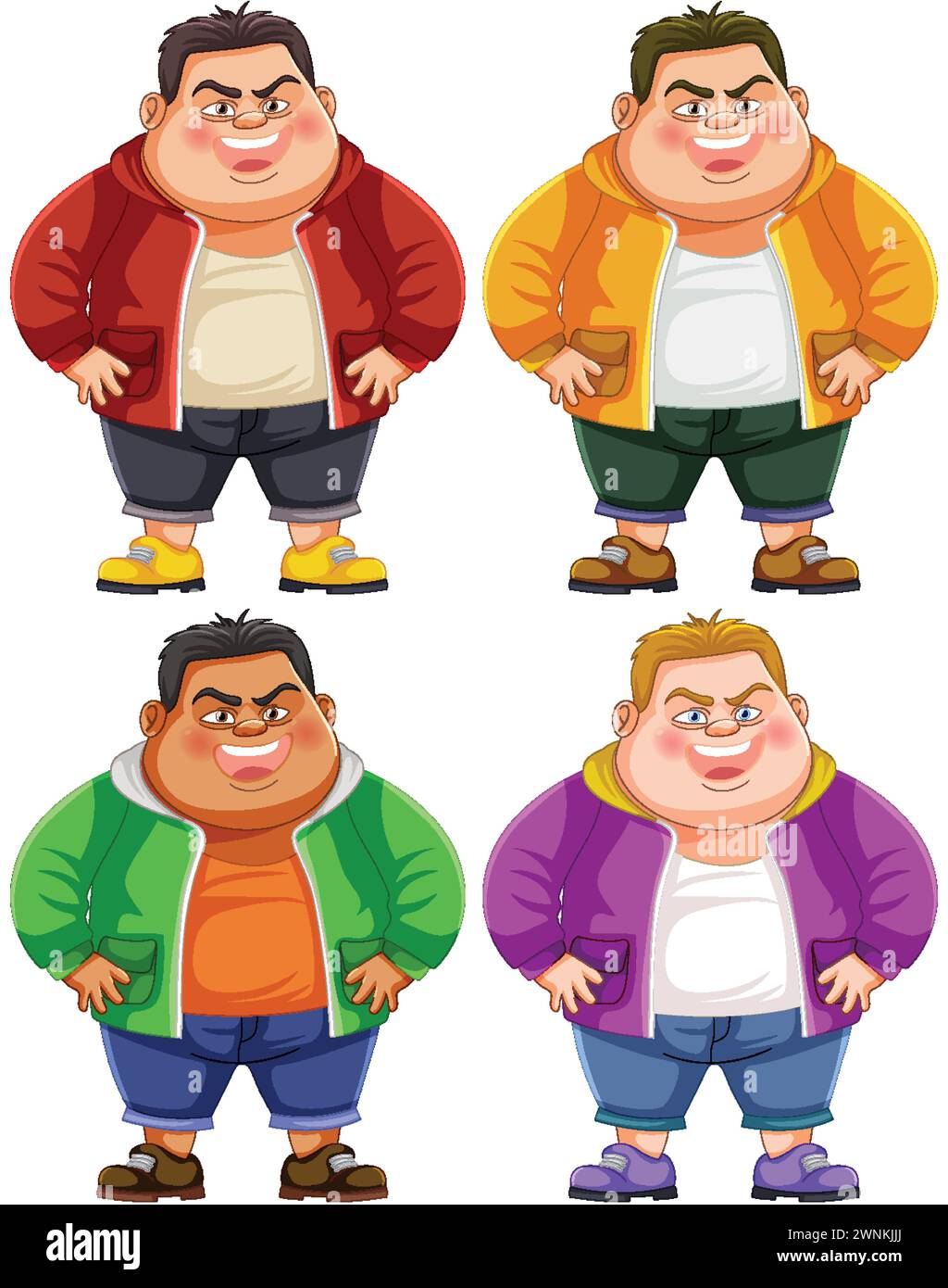 Four cartoon characters with different outfits and expressions Stock ...