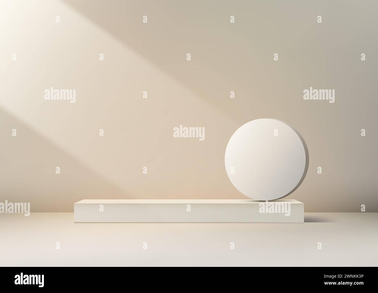 3D white circle sits on a beige shelf podium against a beige background ...