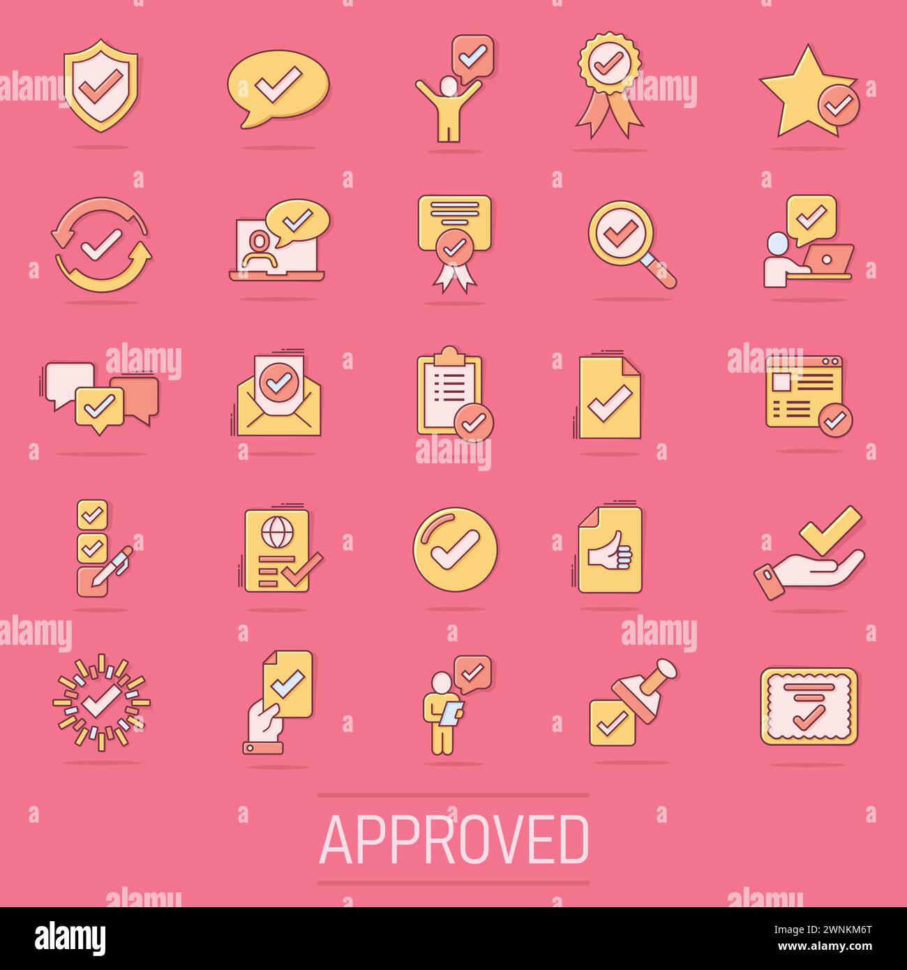 Approve icon set in comic style. Check mark cartoon vector illustration ...