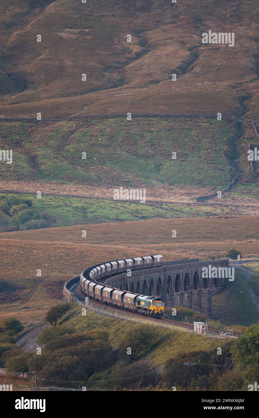 Freightliner class 66 locomotive 66526 running off Ribblehead viaduct ...