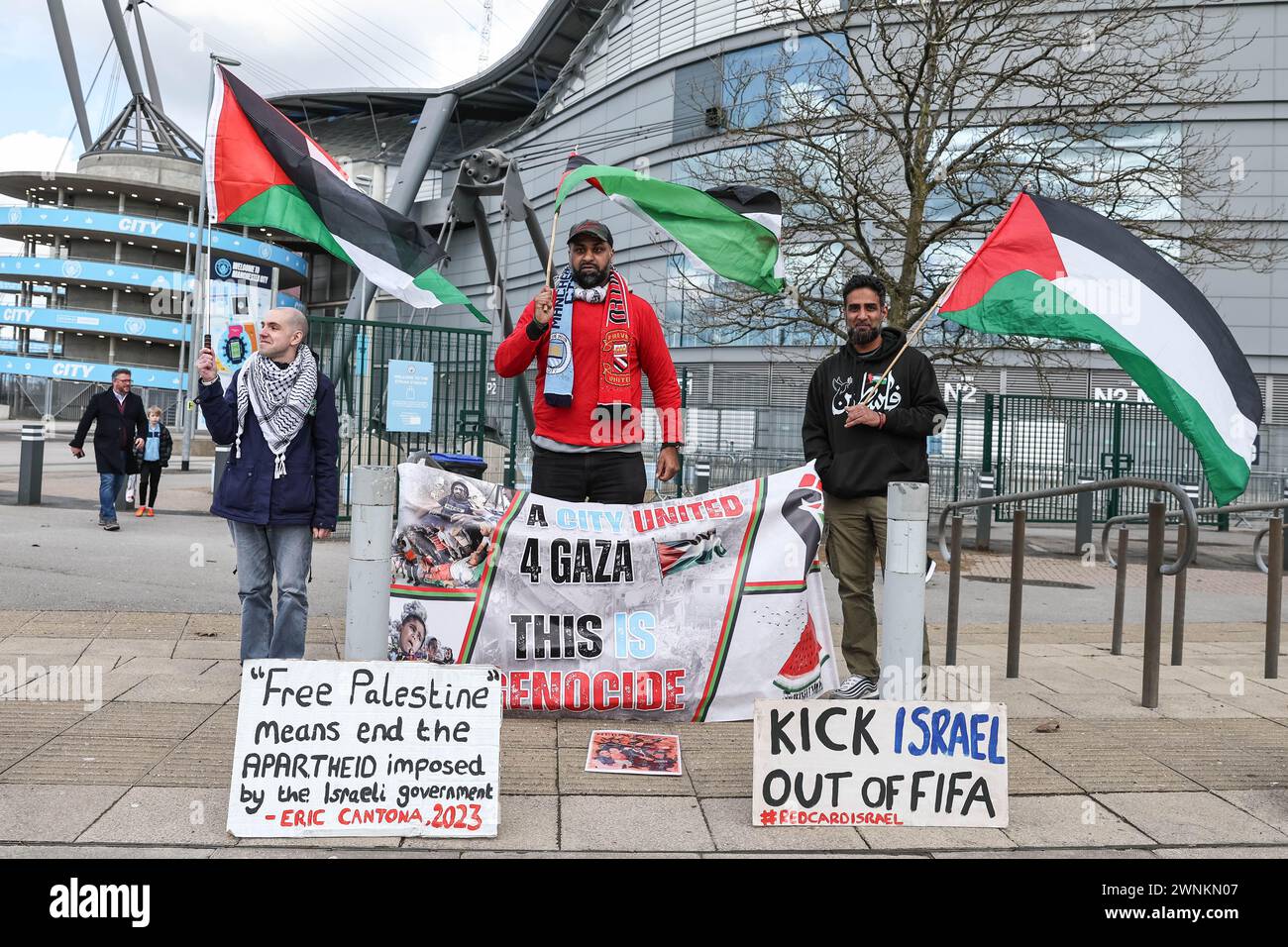 A City United 4 Gaza demonstrators outside the Etihad Stadium during ...