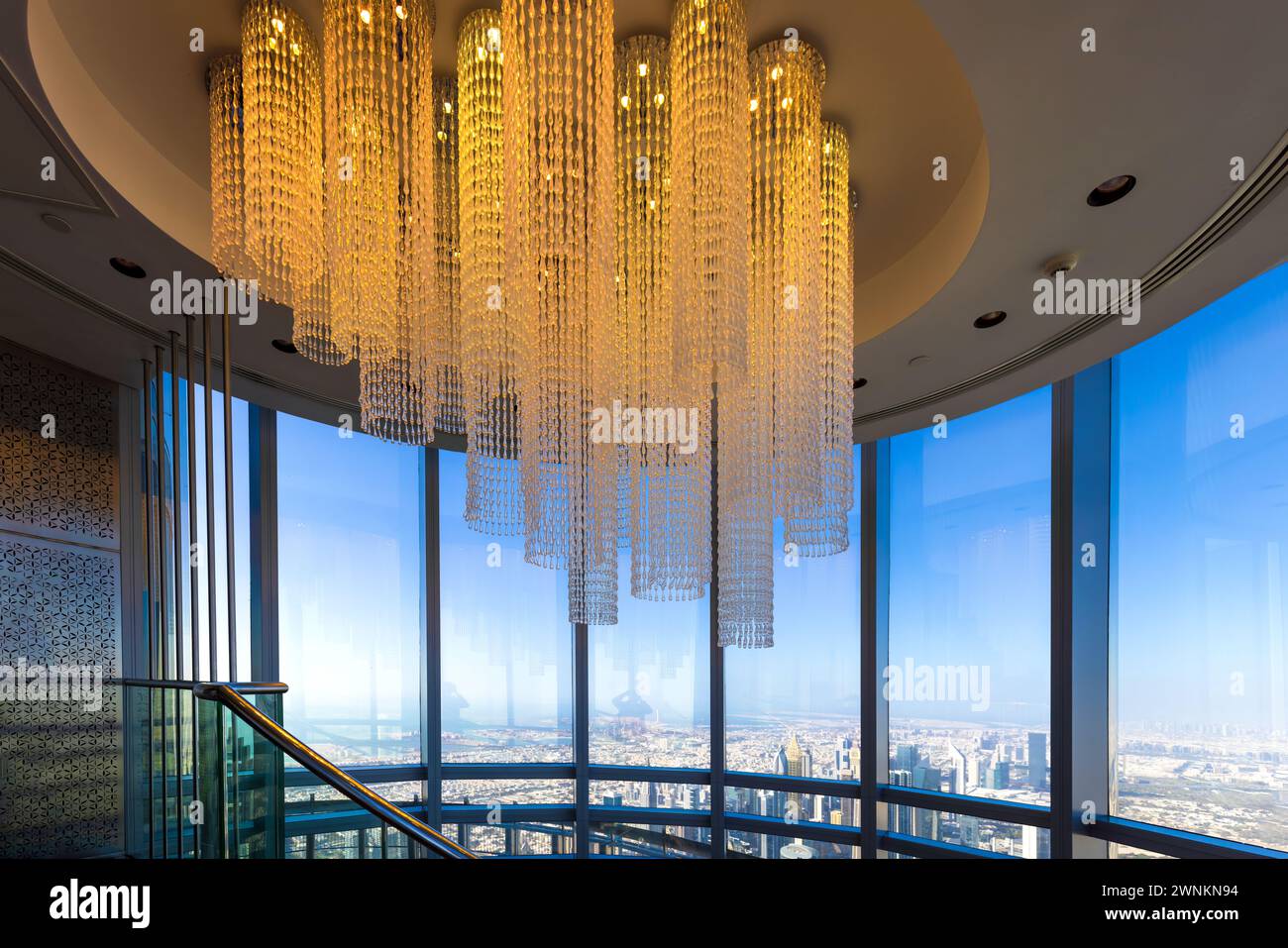 Observation deck in Dubai Burj Khalifa with scenic skyline panoramic ...
