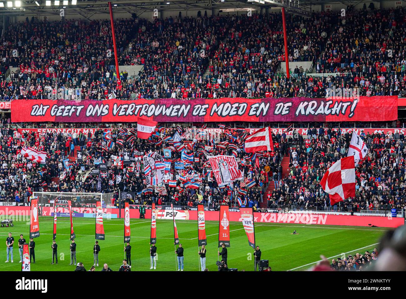 EINDHOVEN, NETHERLANDS - MARCH 3: fans of PSV with a lot of flags and a ...