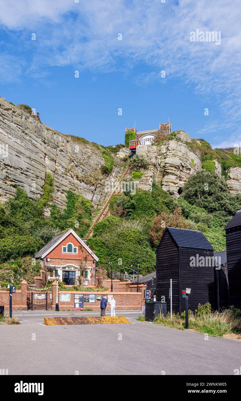 The East Hill Cliff Railway and black wooden Net Shops, historic ...