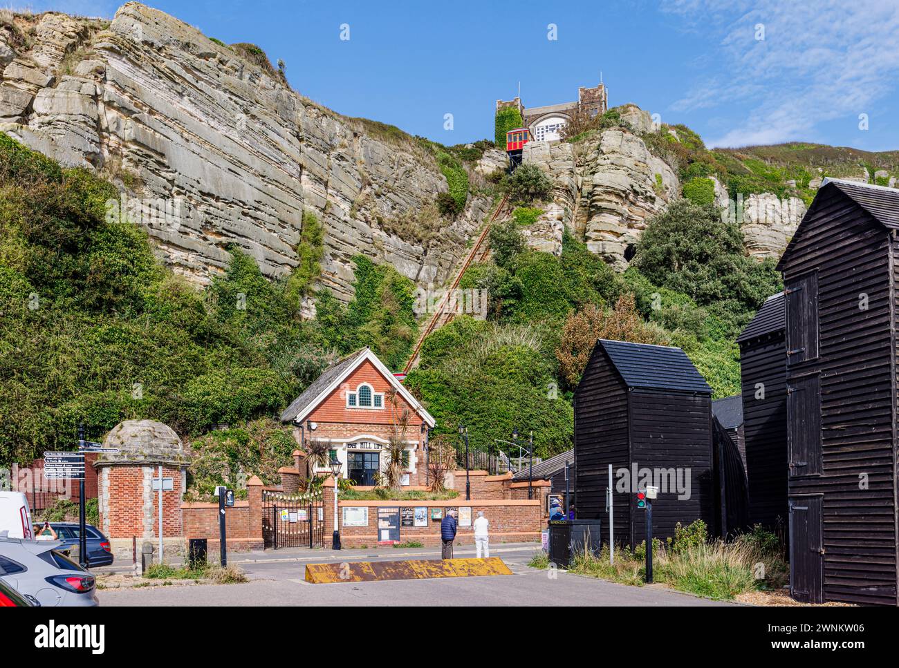 The East Hill Cliff Railway and black wooden Net Shops, historic ...
