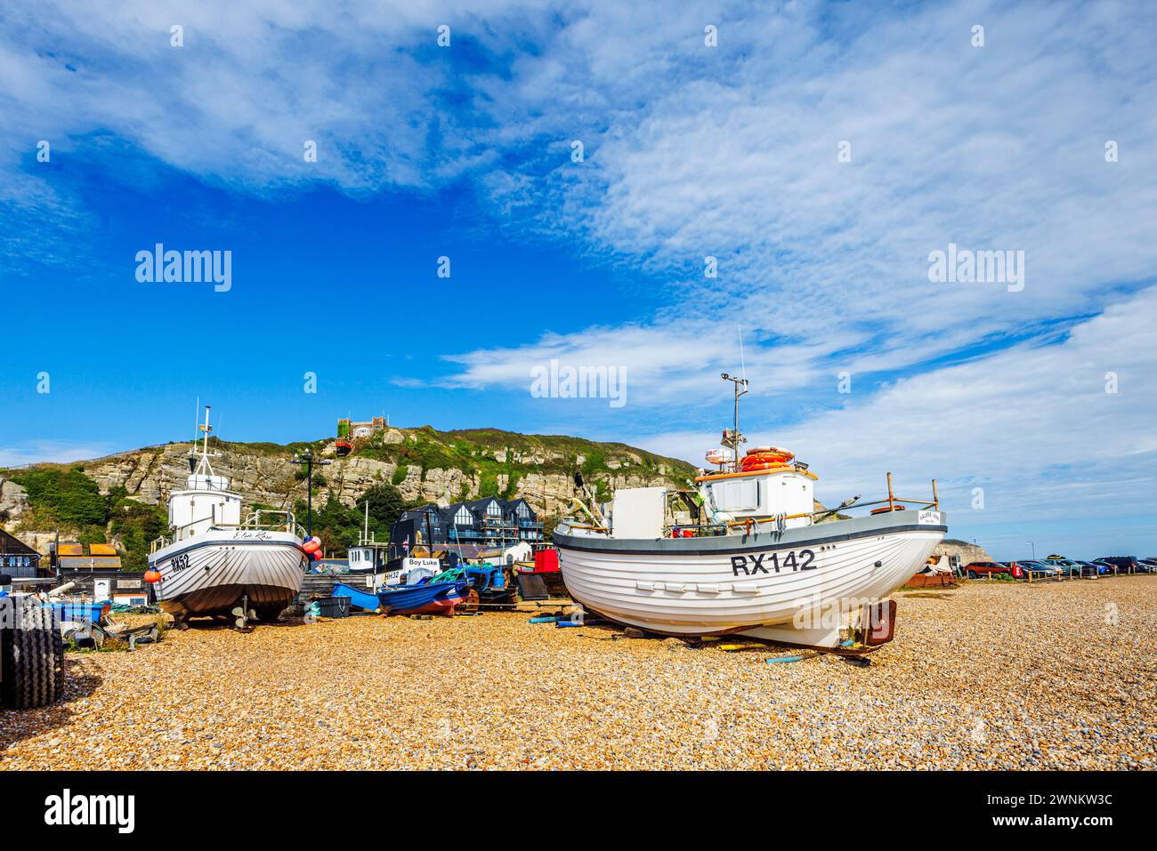 Beached traditional small fishing boats in the Hastings Land Based ...