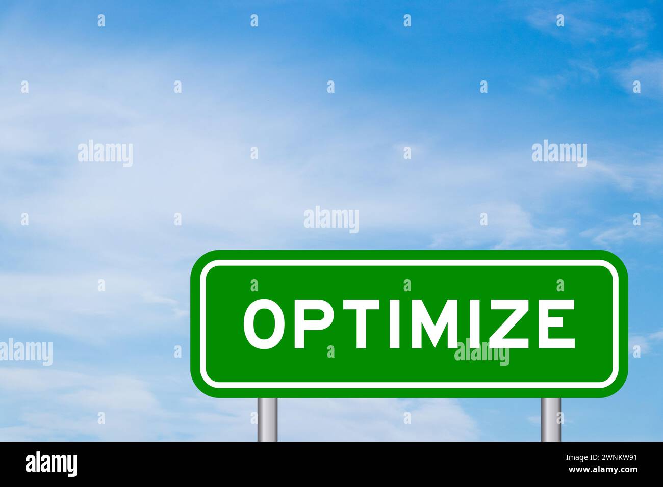 Green color transportation sign with word optimize on blue sky with ...