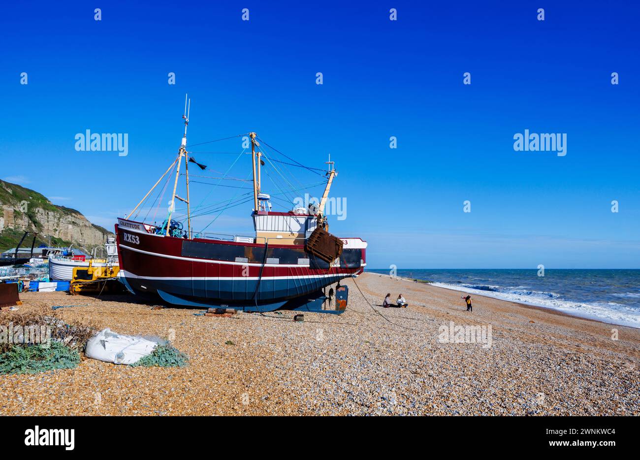 Beached traditional small wooden fishing boat 'Gratitude' hauled up on ...