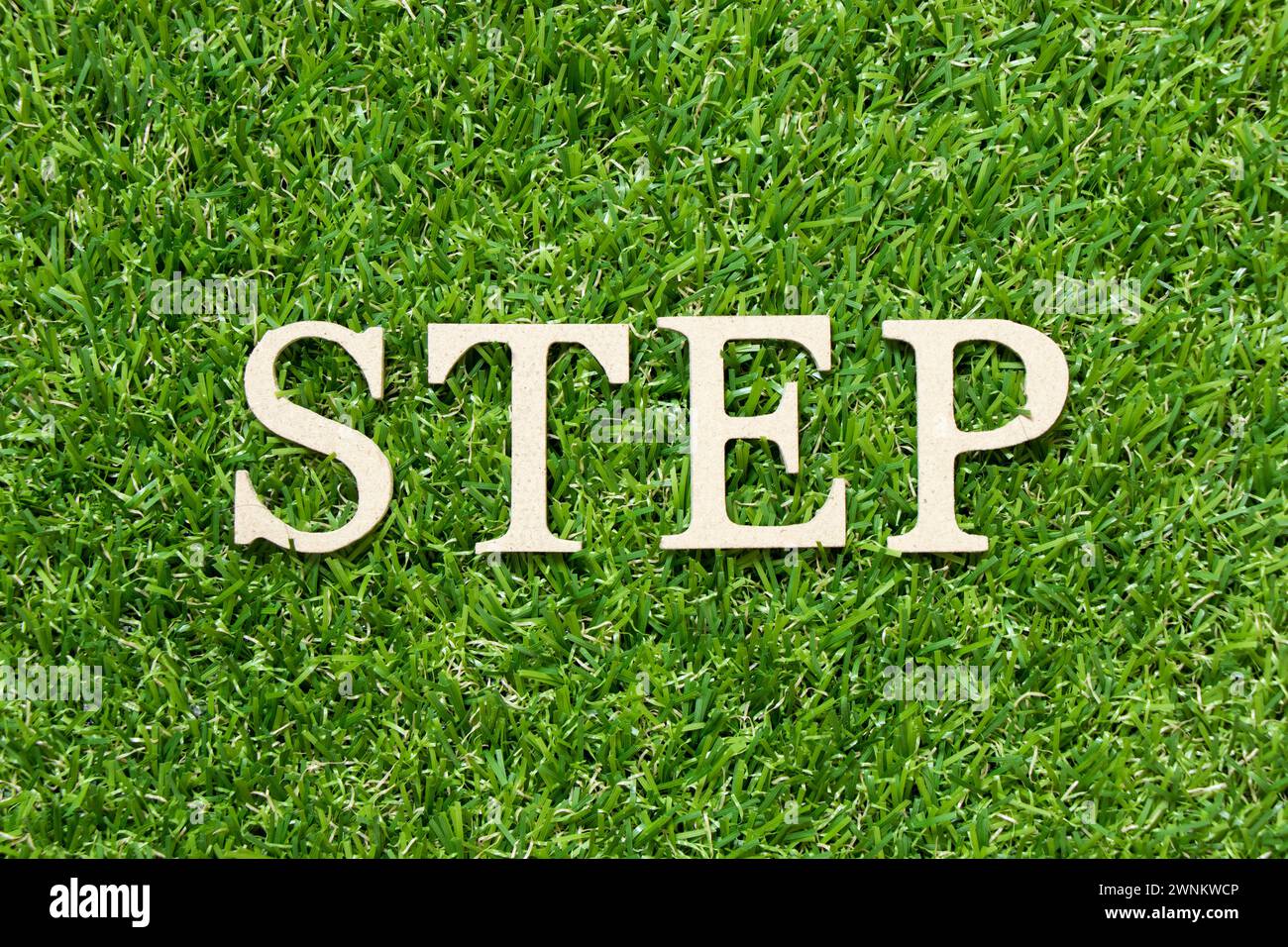 Wood letter in word step on green grass background Stock Photo - Alamy
