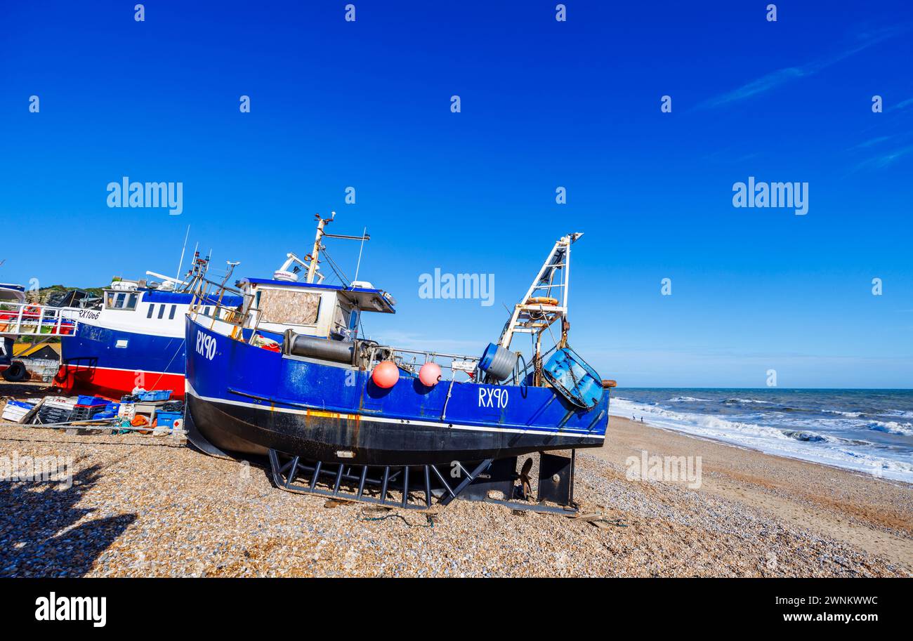 Beached traditional small wooden fishing boats of the Hastings Land ...