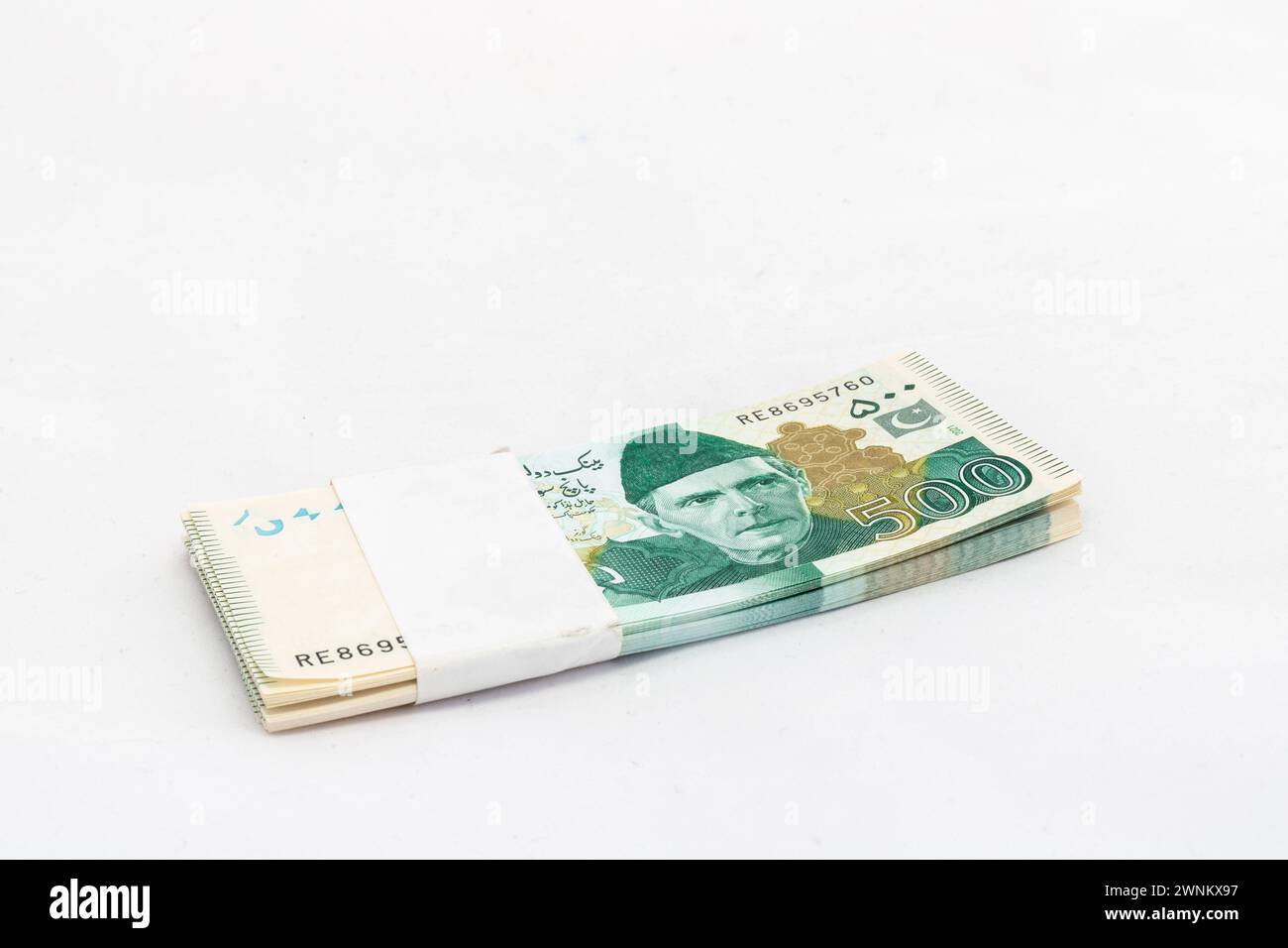 Pakistani five hundred rupees banknote bundle on white isolated ...