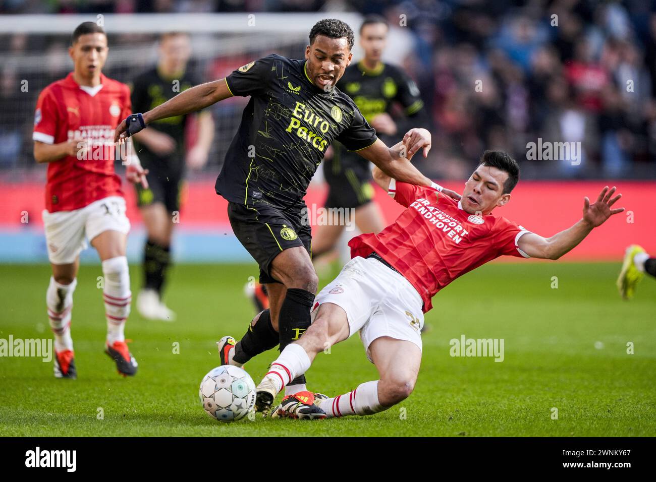 Eindhoven, The Netherlands. 03rd Mar, 2024. Eindhoven - Quinten Timber of Feyenoord, Hirving ...