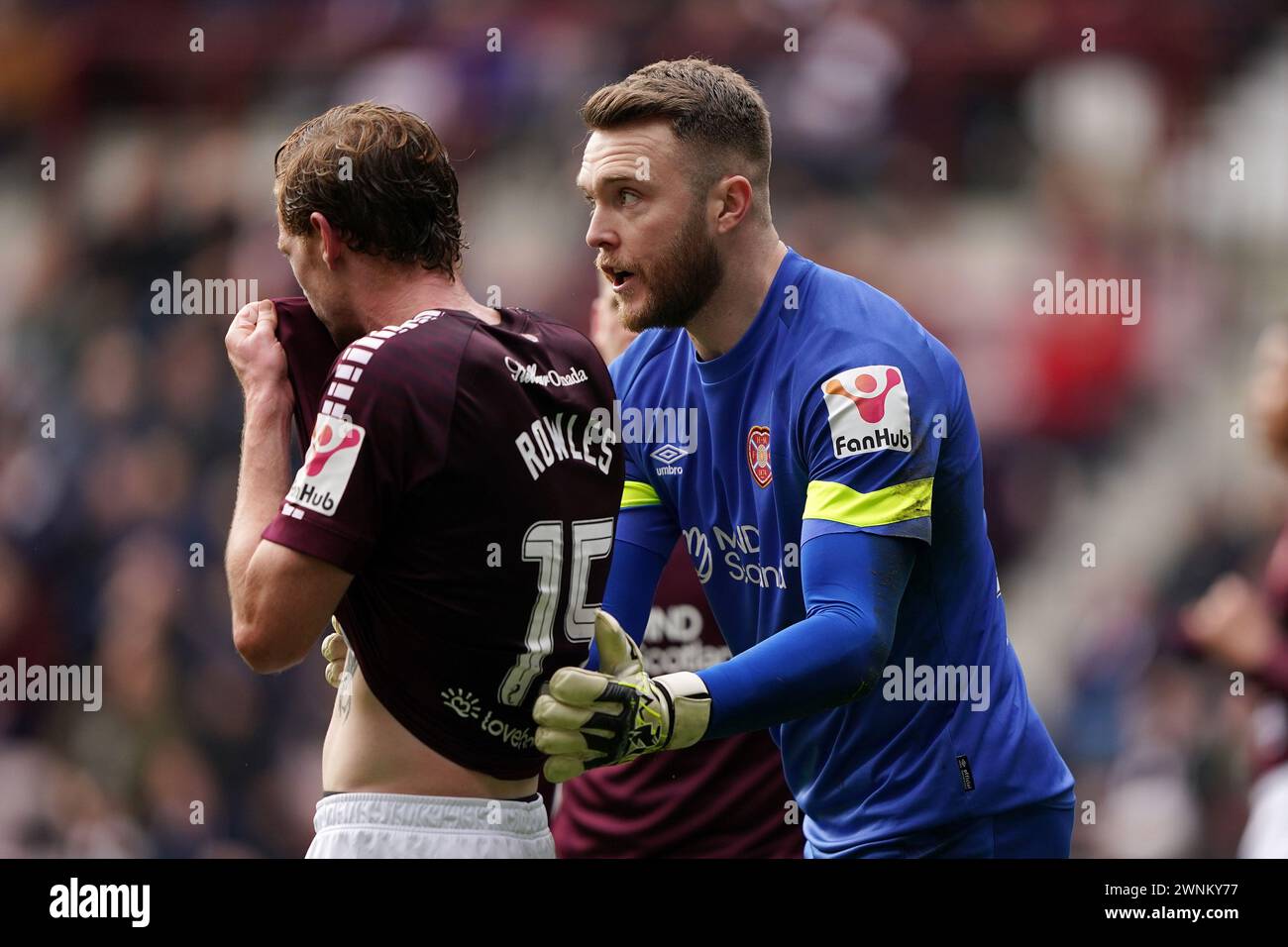 Heart of Midlothian goalkeeper Zander Clark (right) and team-mate Kye ...