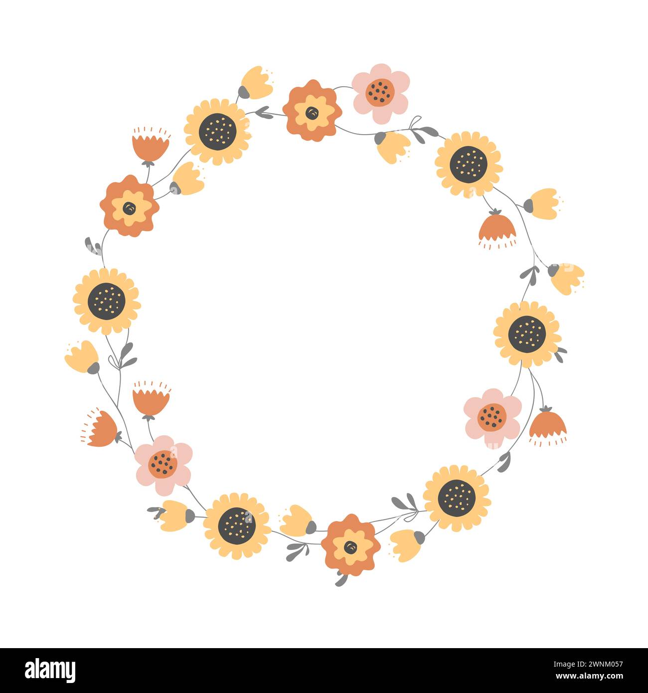Elegant wavy flower wreath frame. Scandinavian flowers border for ...