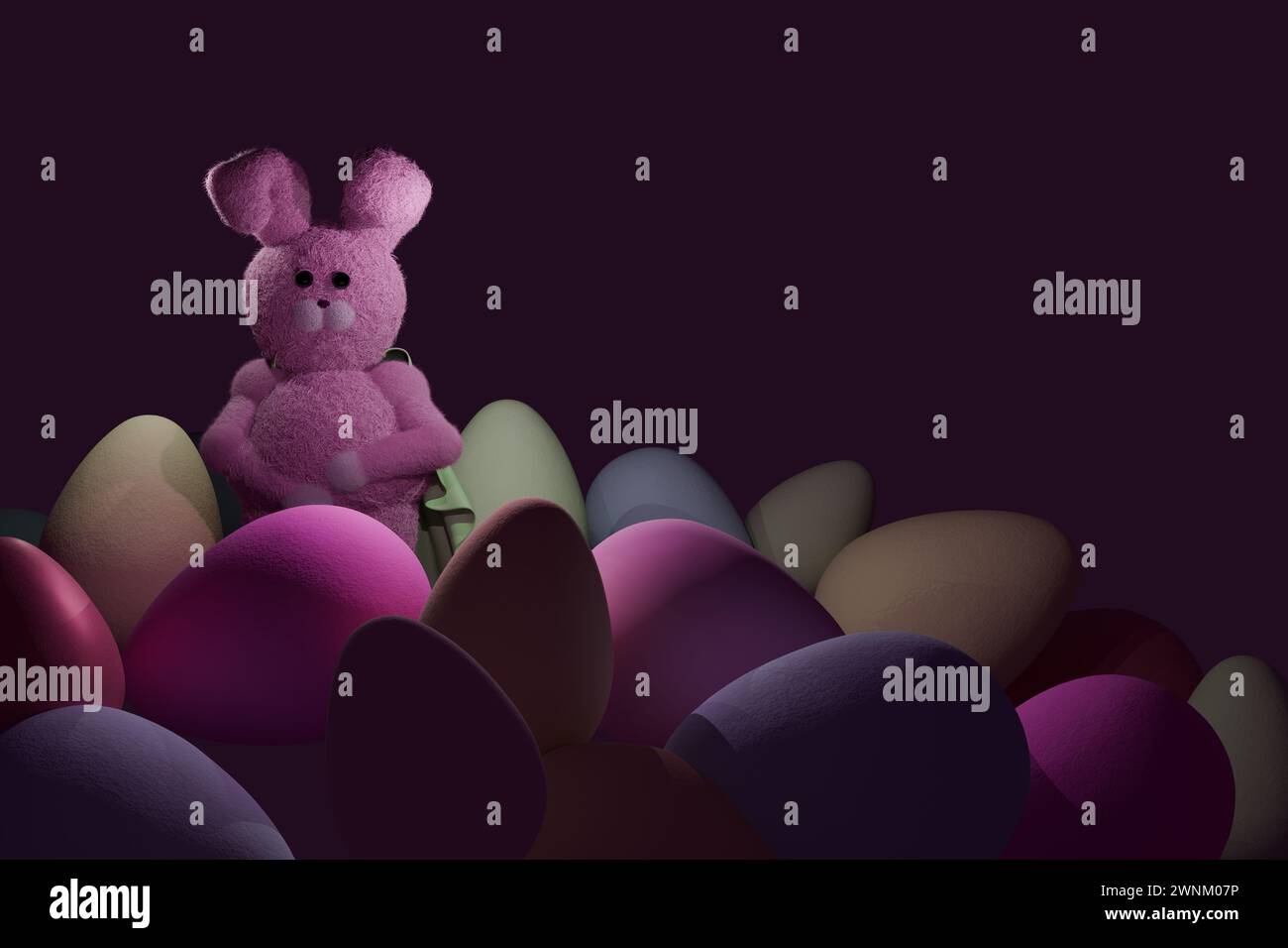 3d render of plush, violet bunny in pile of painted eggs Stock Photo ...